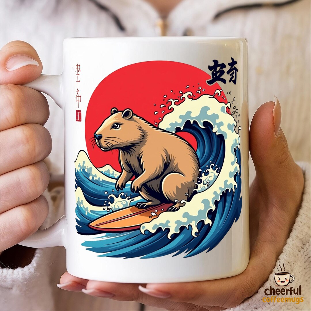 Capybara Surfing on Waves, Japanese Art Style, Relaxed Capybara Design ...