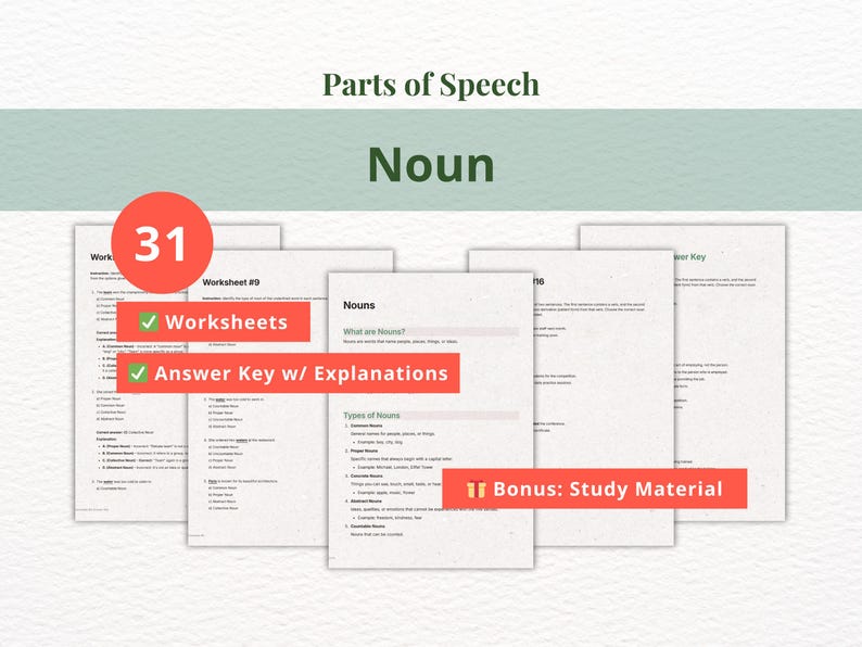 Nouns Grammar Worksheet: English Lesson Plan, Parts of Speech (PDF ...