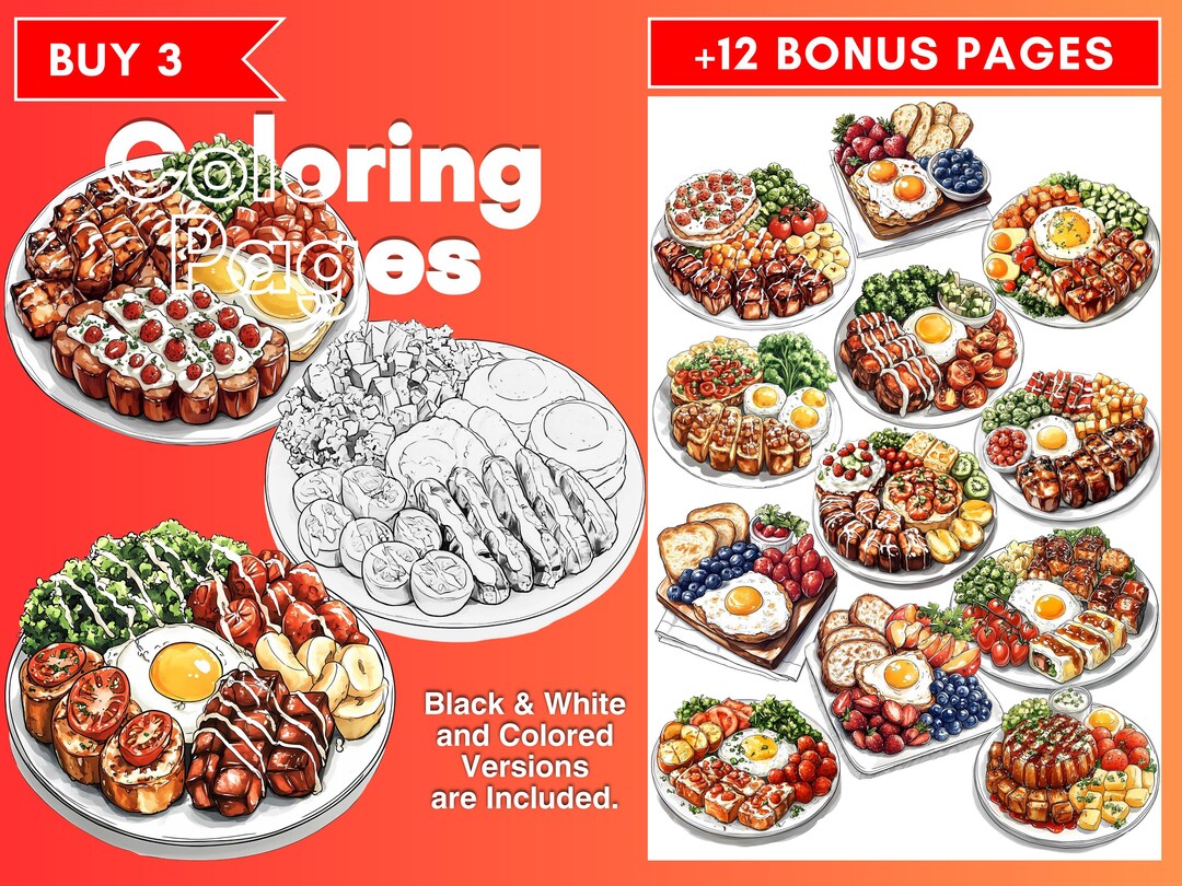 Breakfast Platter, Food-themed Printable Coloring Pages, Fun Relaxing ...