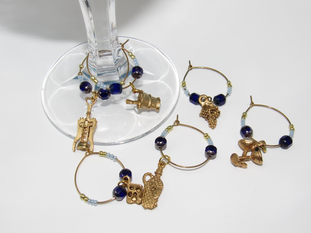 Wine Glass Charms Set of 6 | Gold Wine Charms | Cobalt & Gold Party ...