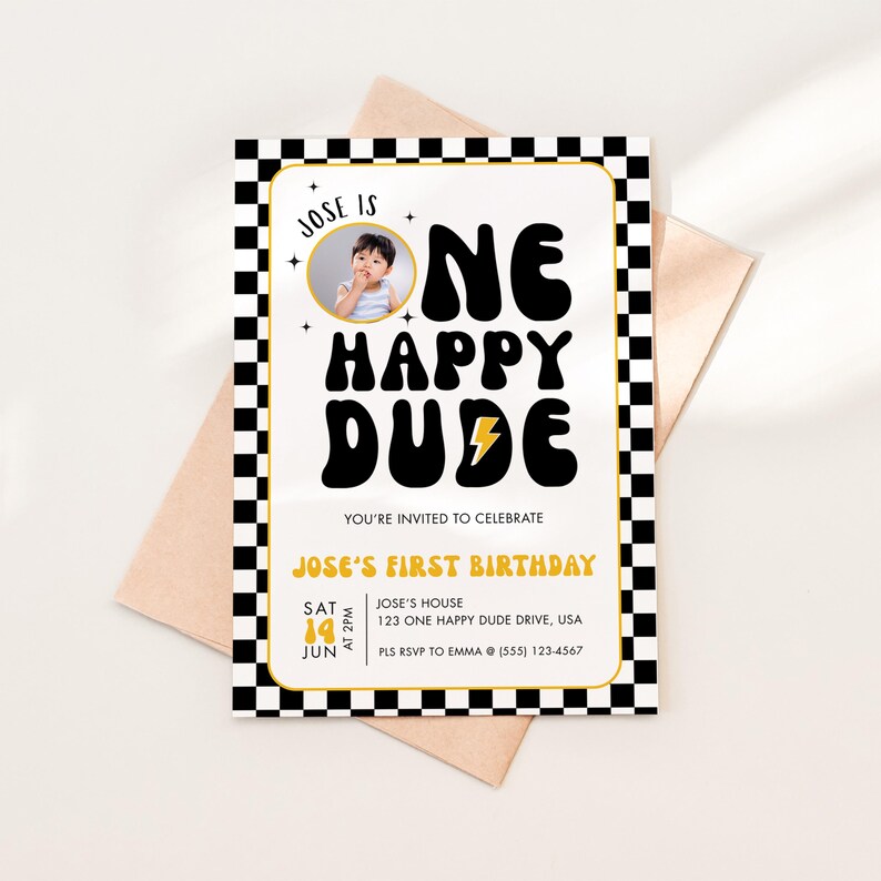 One Happy Dude Birthday Invitation Template, Retro One Happy Dude First ...