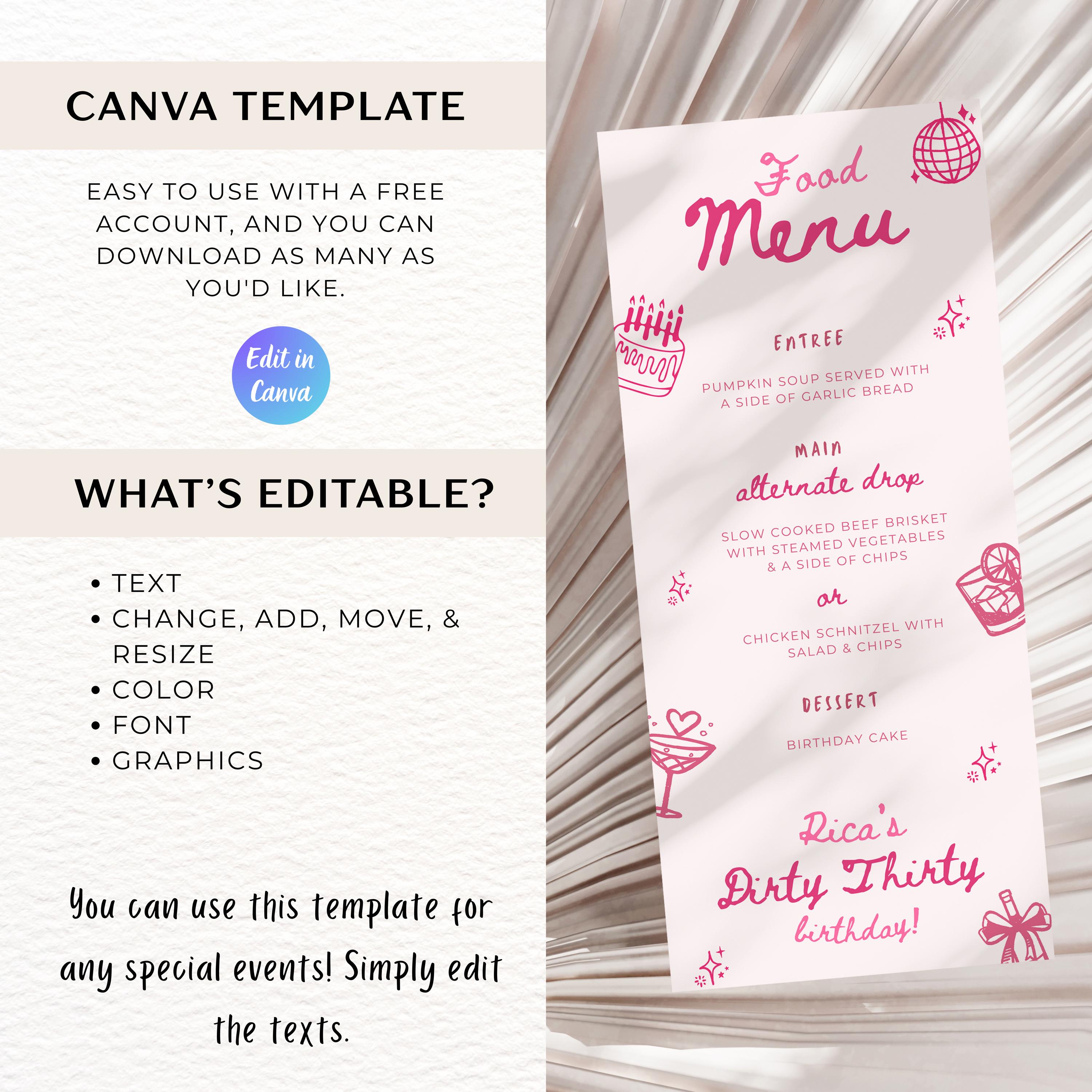 Dirty Thirty Food and Drink Menu, Dirty Martini Birthday Decor, 30th ...