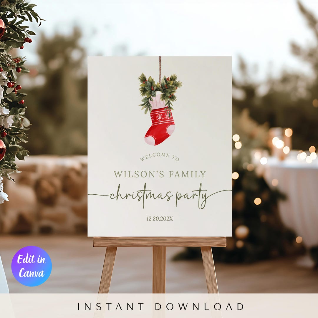 Editable Minimalist Christmas Party Welcome Sign, Holiday Party Sign ...