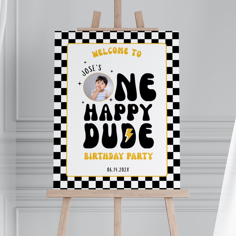 One Happy Dude Birthday Welcome Sign Template, Editable Retro One Happy ...