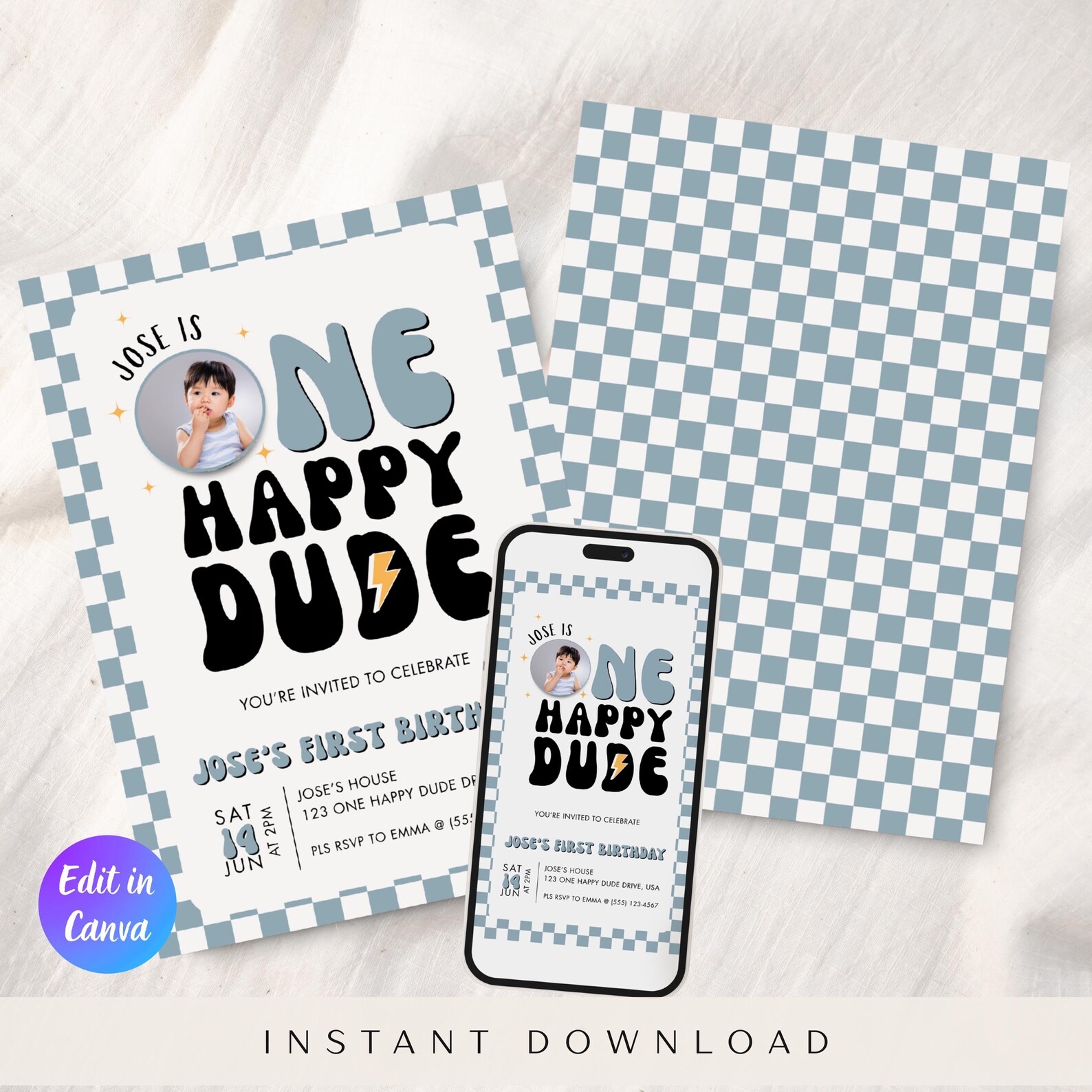 One Happy Dude Birthday Invitation Template, Blue Retro One Happy Dude ...