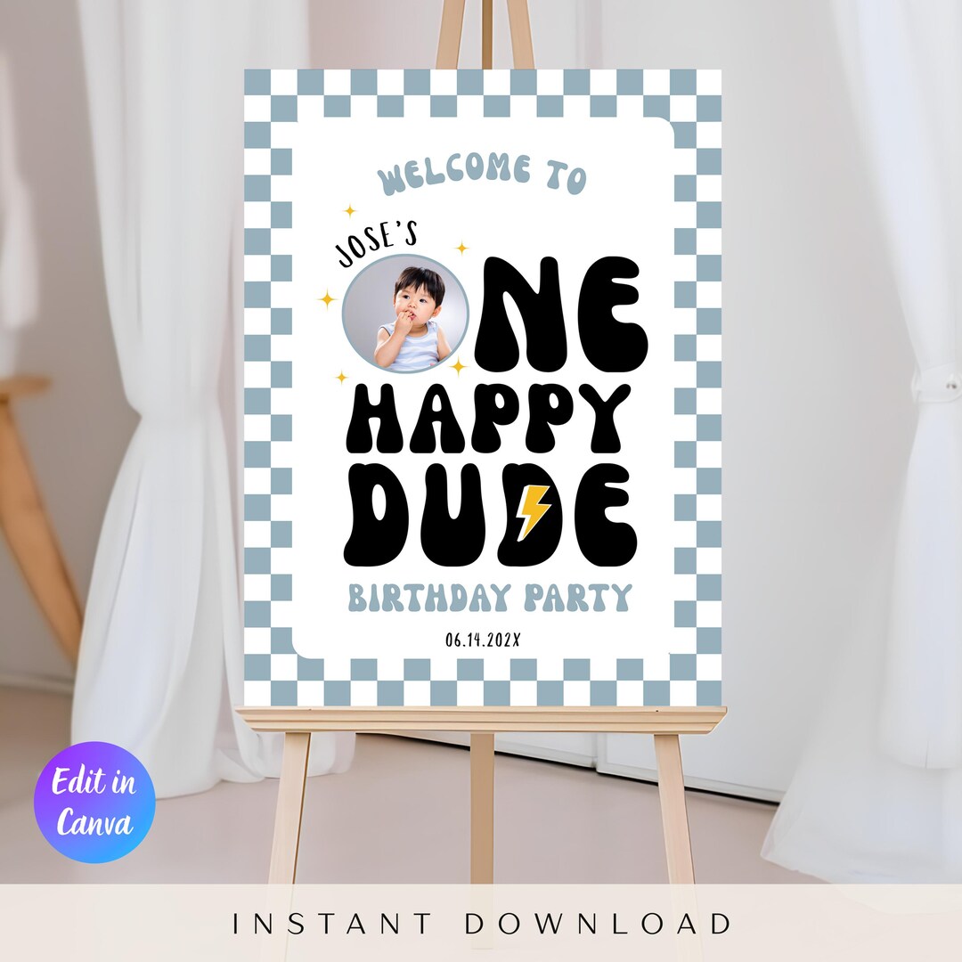 Editable Blue One Happy Dude Birthday Welcome Sign, Retro One Happy ...
