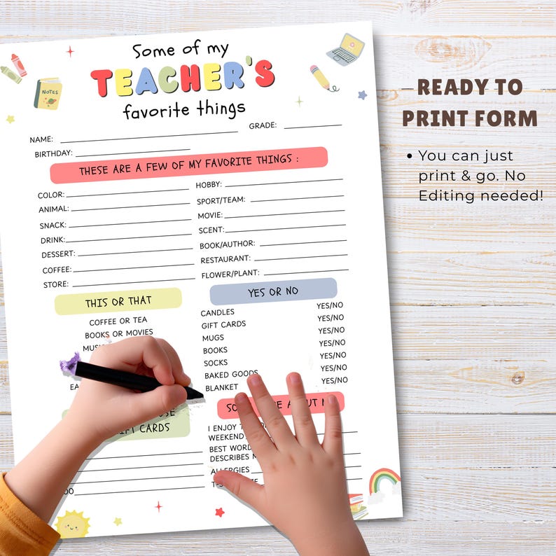 Editable Teacher Favorite Things List, Get to Know Teacher Printable ...