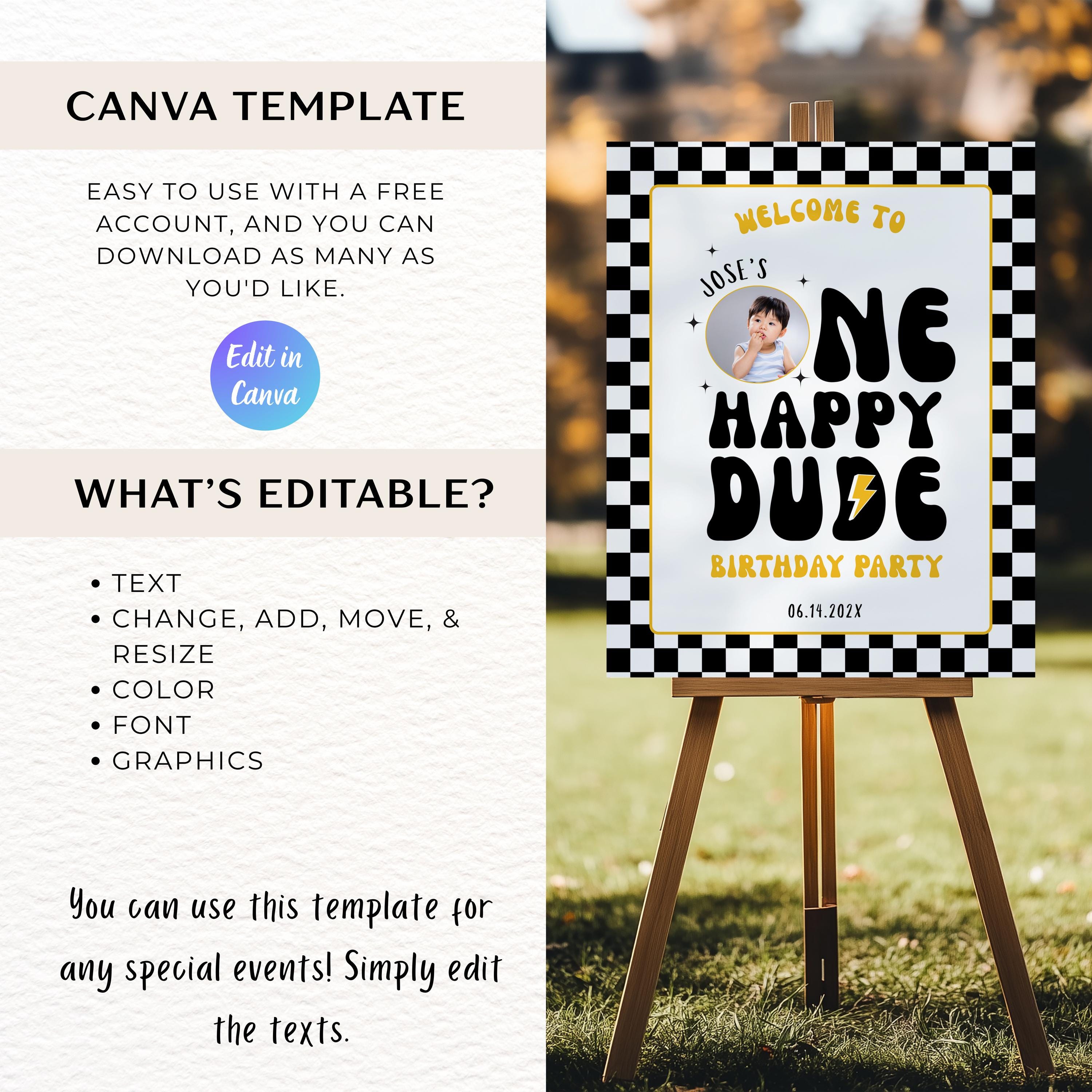 One Happy Dude Birthday Welcome Sign Template, Editable Retro One Happy ...