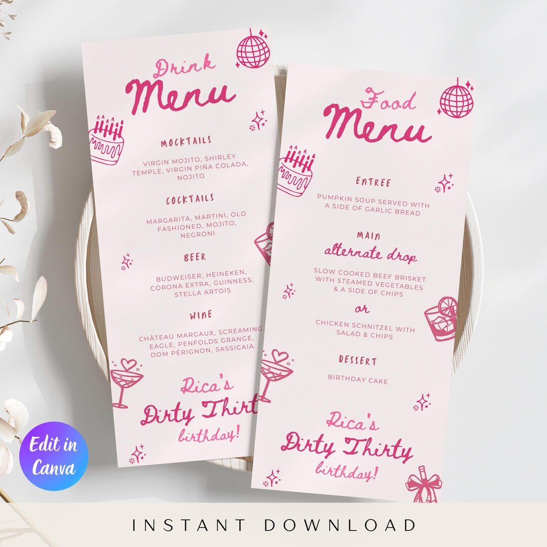 Dirty Thirty Food and Drink Menu, Dirty Martini Birthday Decor, 30th ...