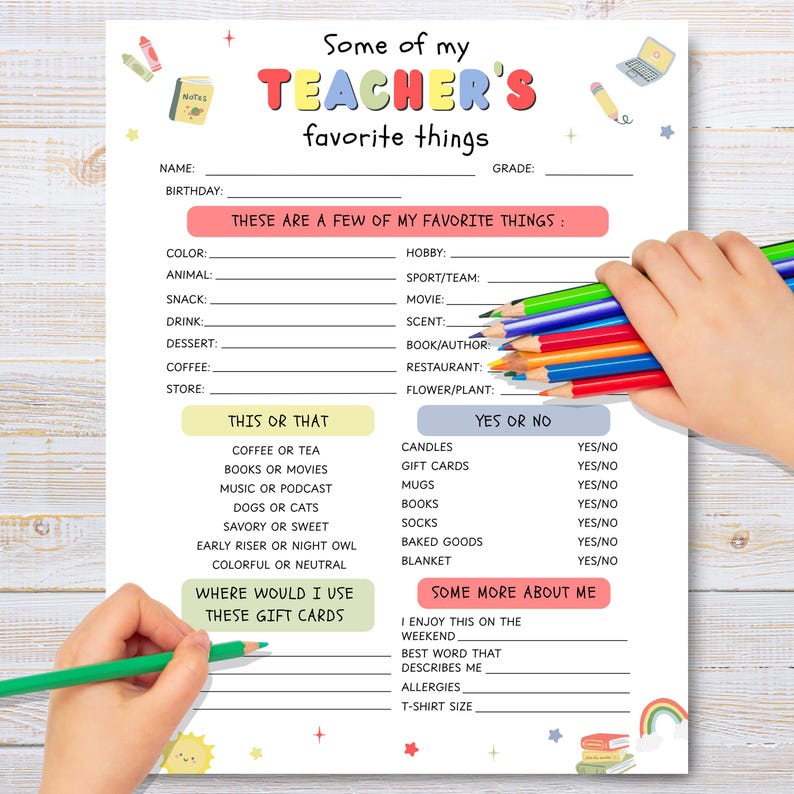 Editable Teacher Favorite Things List, Get to Know Teacher Printable ...