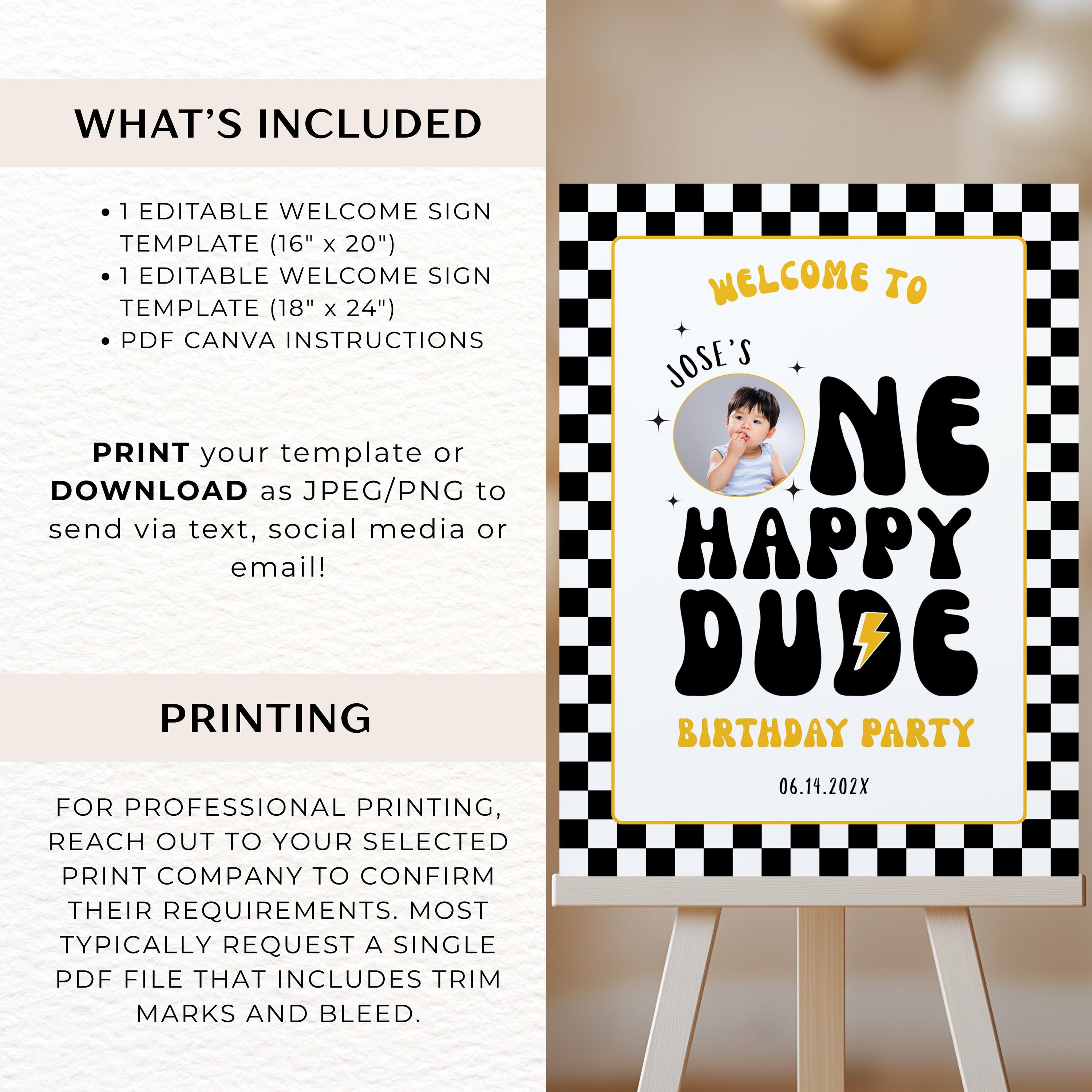 One Happy Dude Birthday Welcome Sign Template, Editable Retro One Happy ...
