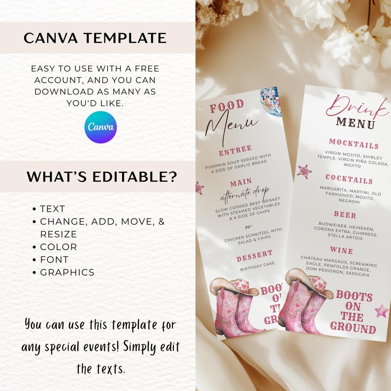 Editable Boots on the Ground Food and Drink Menu Template, Western ...