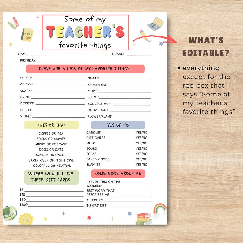 Editable Teacher Favorite Things List, Get to Know Teacher Printable ...