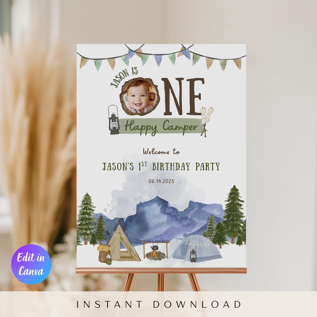 Editable One Happy Camper Birthday Welcome Sign, Boy First Birthday ...