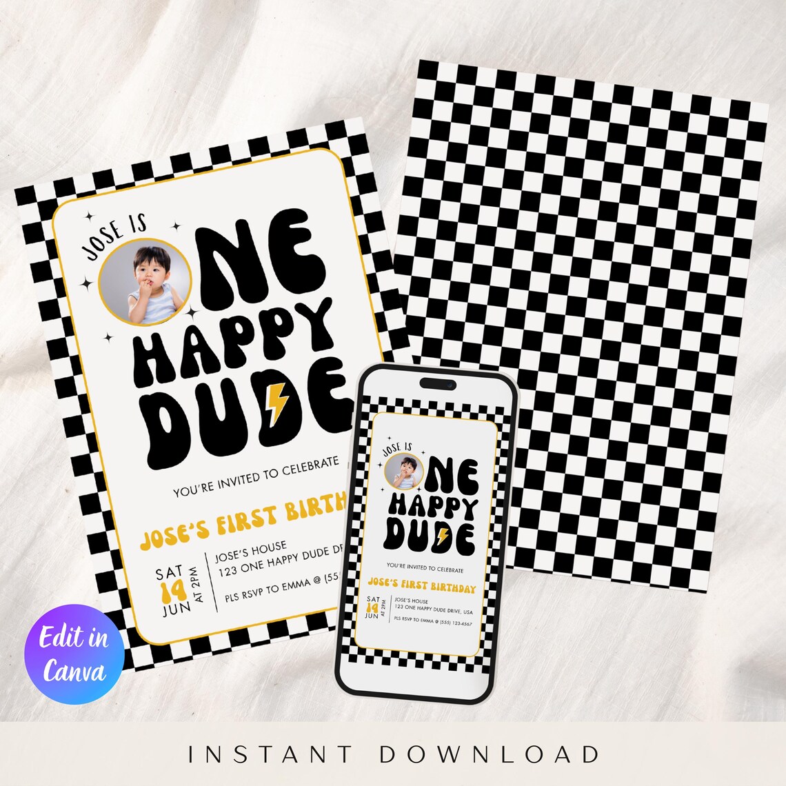 One Happy Dude Birthday Invitation Template, Retro One Happy Dude First ...