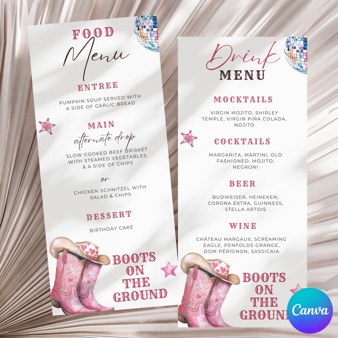 Editable Boots on the Ground Food and Drink Menu Template, Western ...
