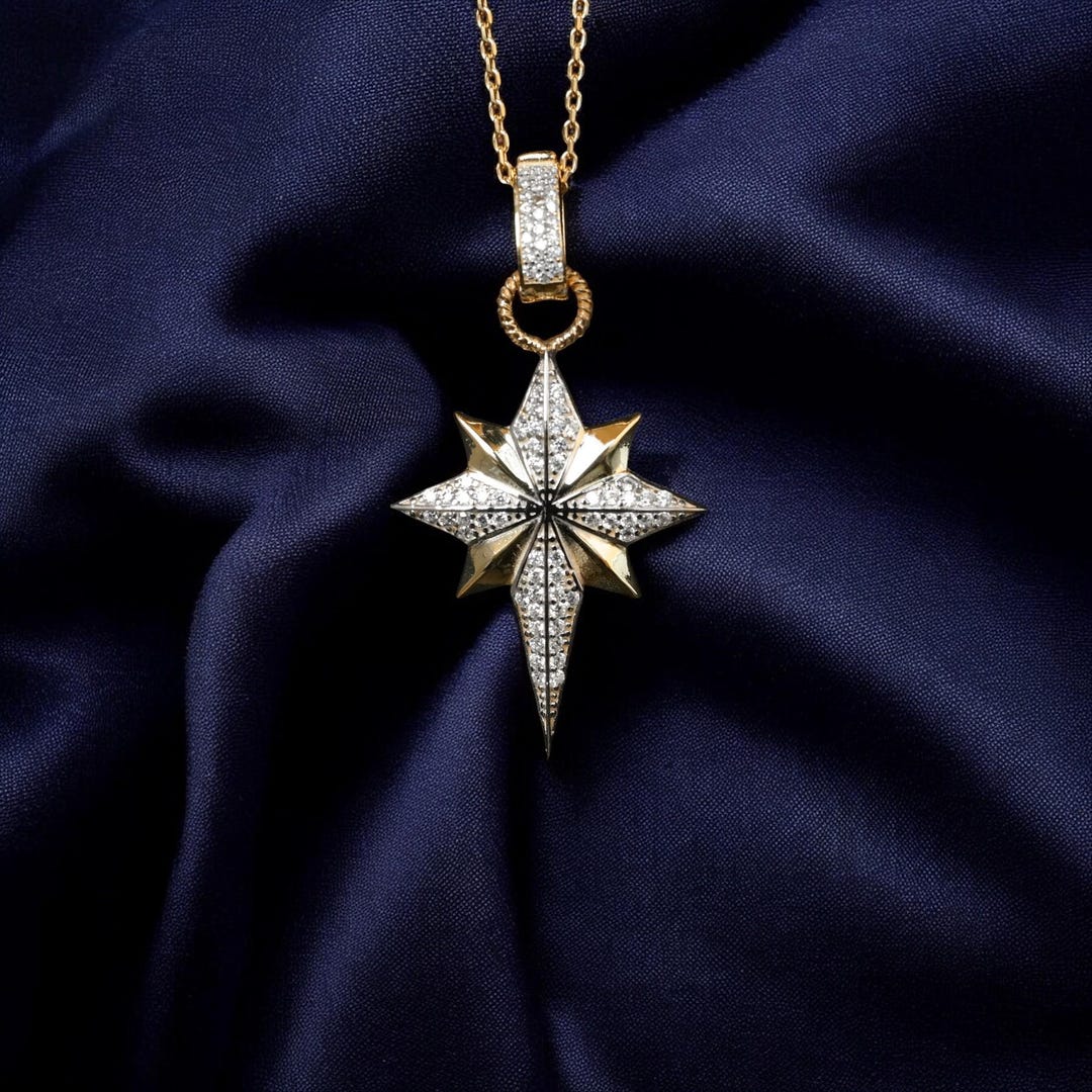 Diamond Star Pendant Necklace 925 Sterling Silver and Gold North Star ...