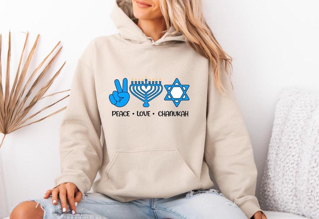 Peace Love Canukah Hoodie, Jewish Hanukkah Apparel, Shabbat Outfit ...