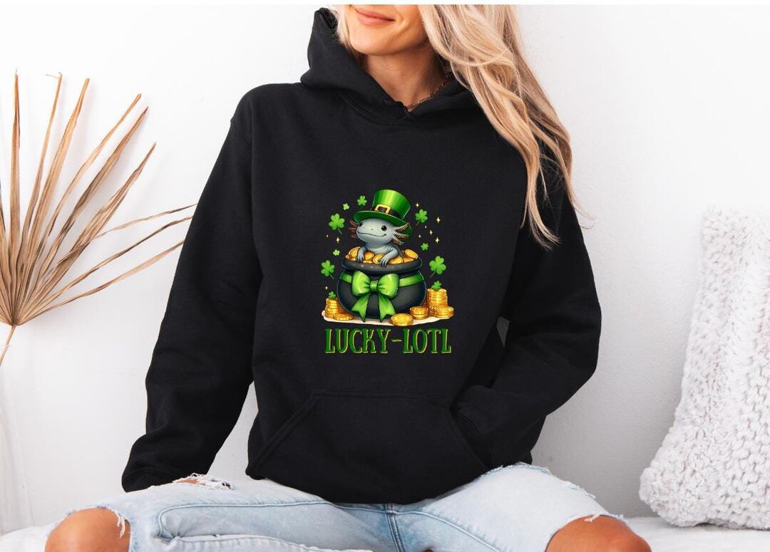 Lucky Lotl Hoodie, Cute St. Patrick's Day Axolotl Design, Irish Pot of ...