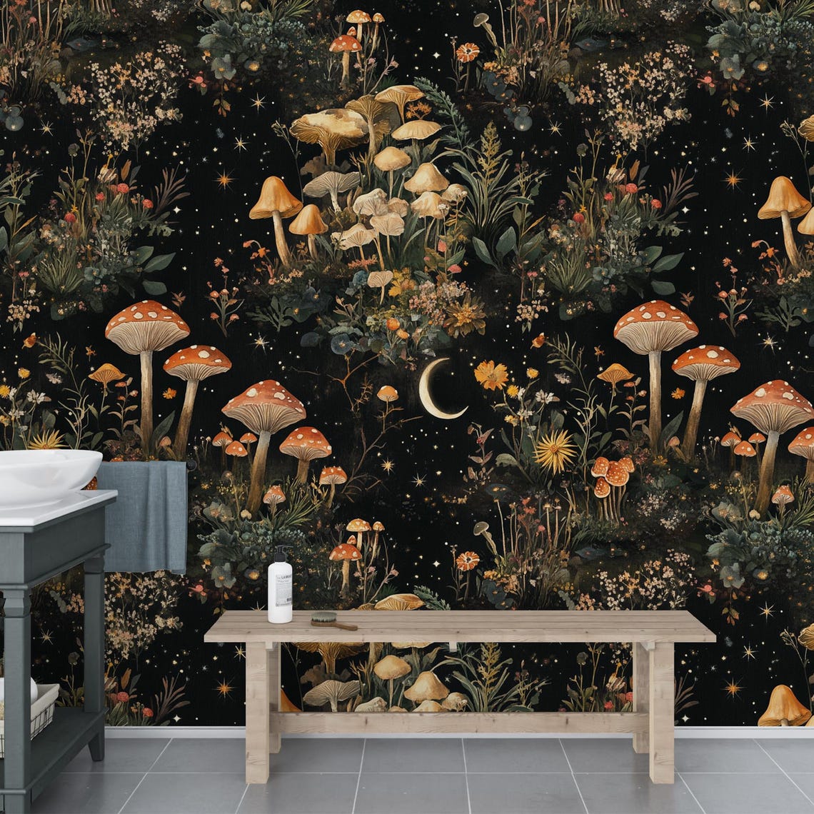 Dark Mushroom Wallpaper Peel and Stick, Botanical Wall Mural, Dark ...