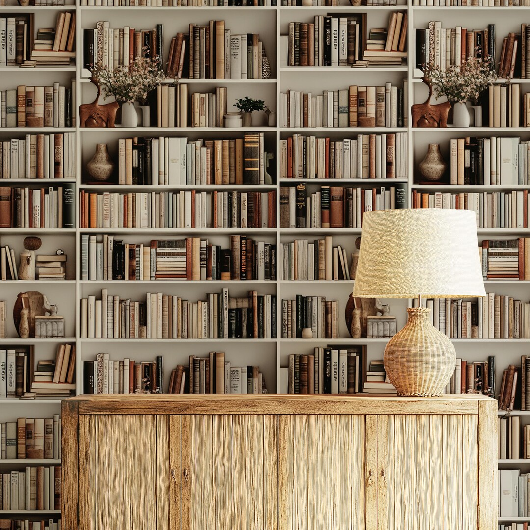 Library Bookshelves Peel & Stick Wallpaper, Vintage Book Pattern ...