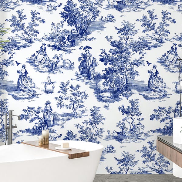 Blue Toile Wallpaper - Etsy