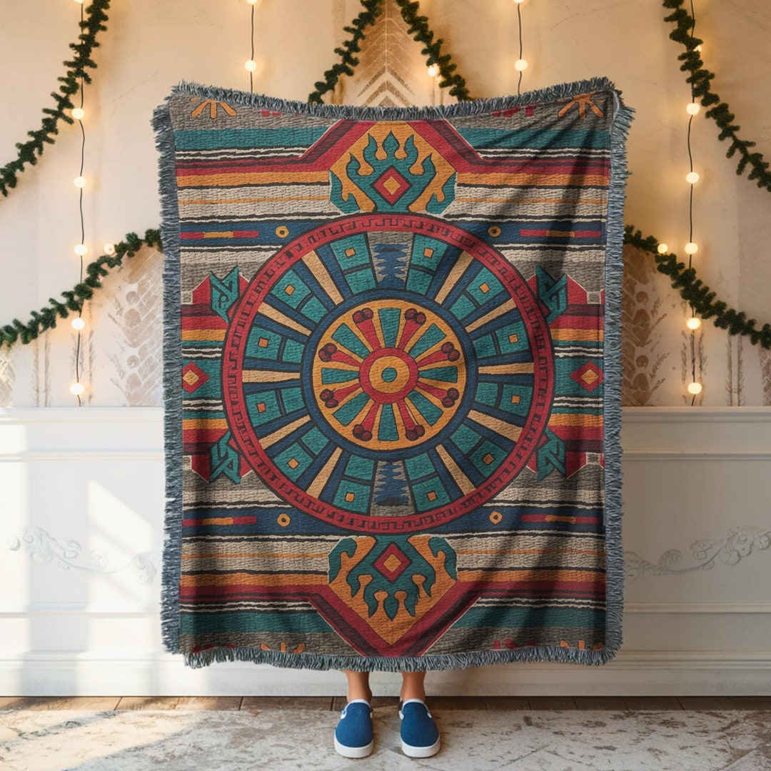 Aztec Woven Blanket Sun Stone Tapestry Throw, Southwestern Tribal ...