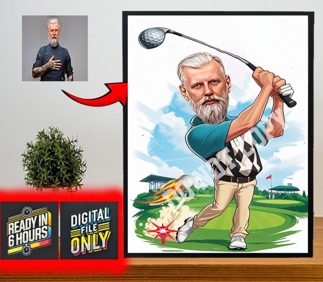 Custom Golf Player Cartoon Portrait, Personalized Golfer Caricature ...