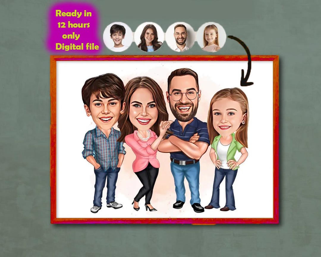 Custom Family Cartoon Portrait: Personalized Caricature Gift (digital ...