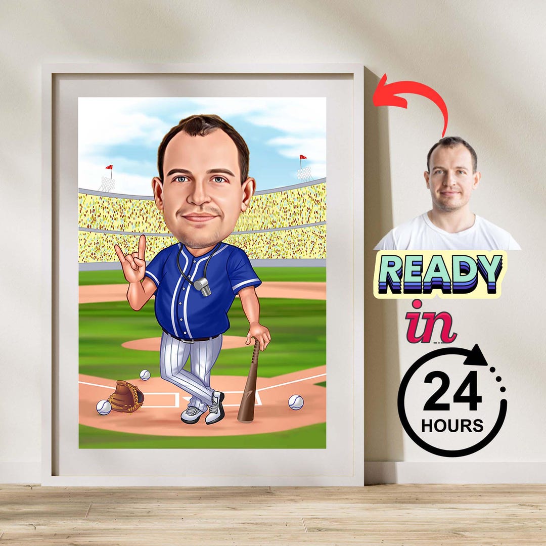 Baseball Coach Cartoon Drawing From Photo for Men, Baseball Coach Dad ...