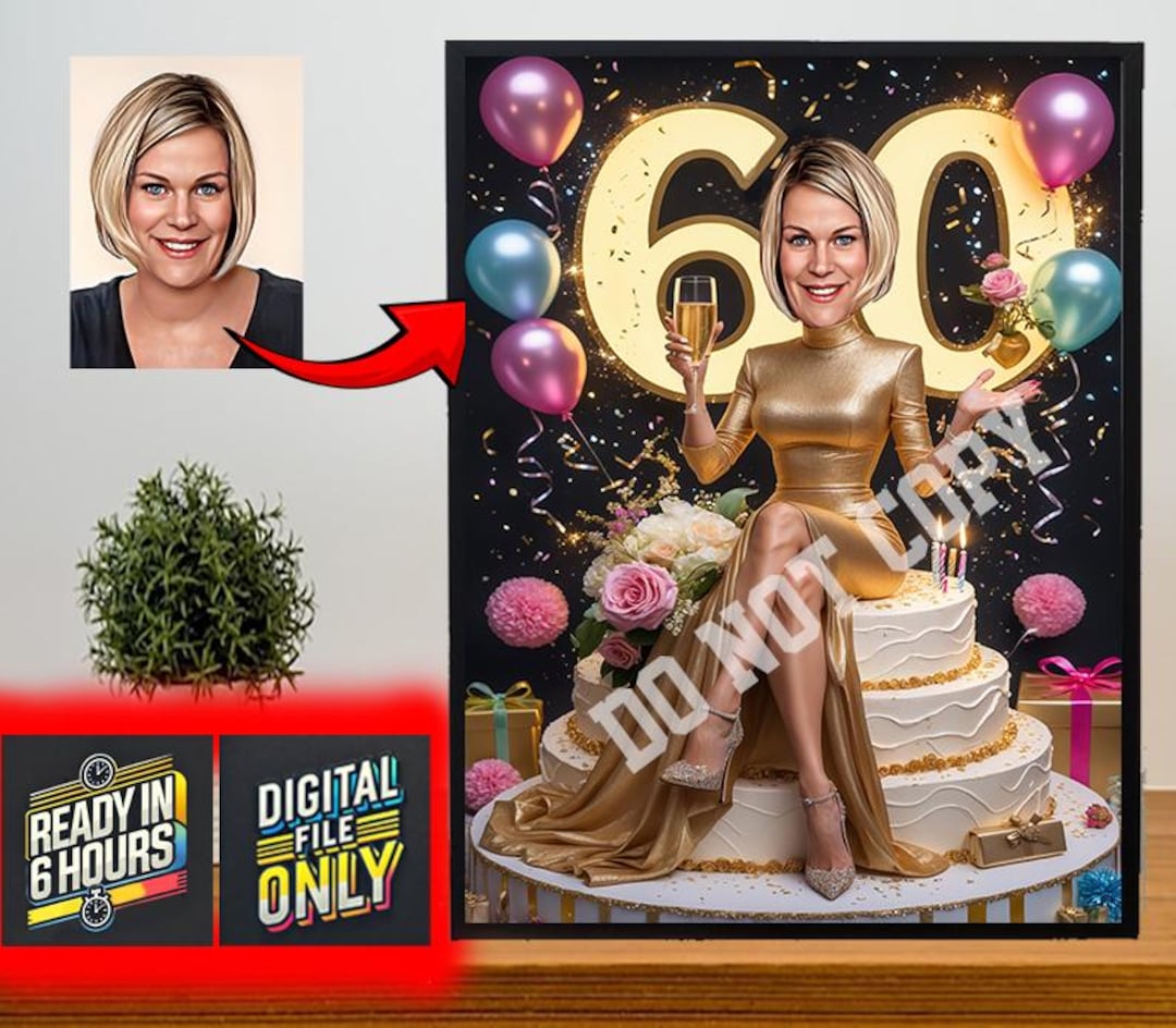 Custom 60th Cartoon Portrait | 60th Caricature | Personalized Happy ...