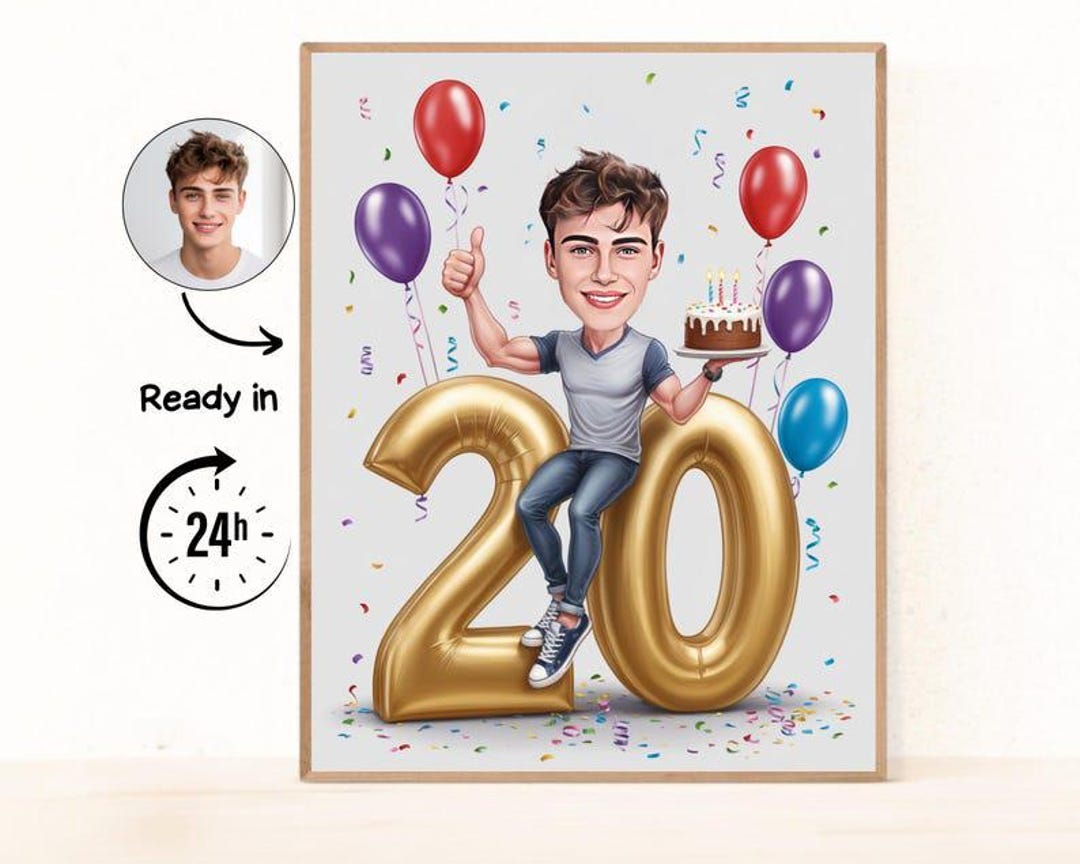 20th Birthday Cartoon Portrait 20th Birthday Gift Invitation 20th ...
