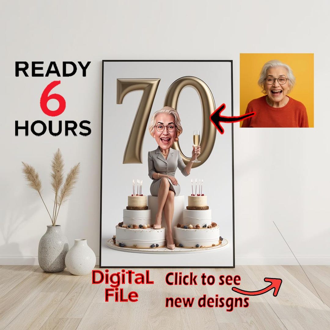 70th Birthday Caricature Gift: Custom Milestone Portrait (digital ...