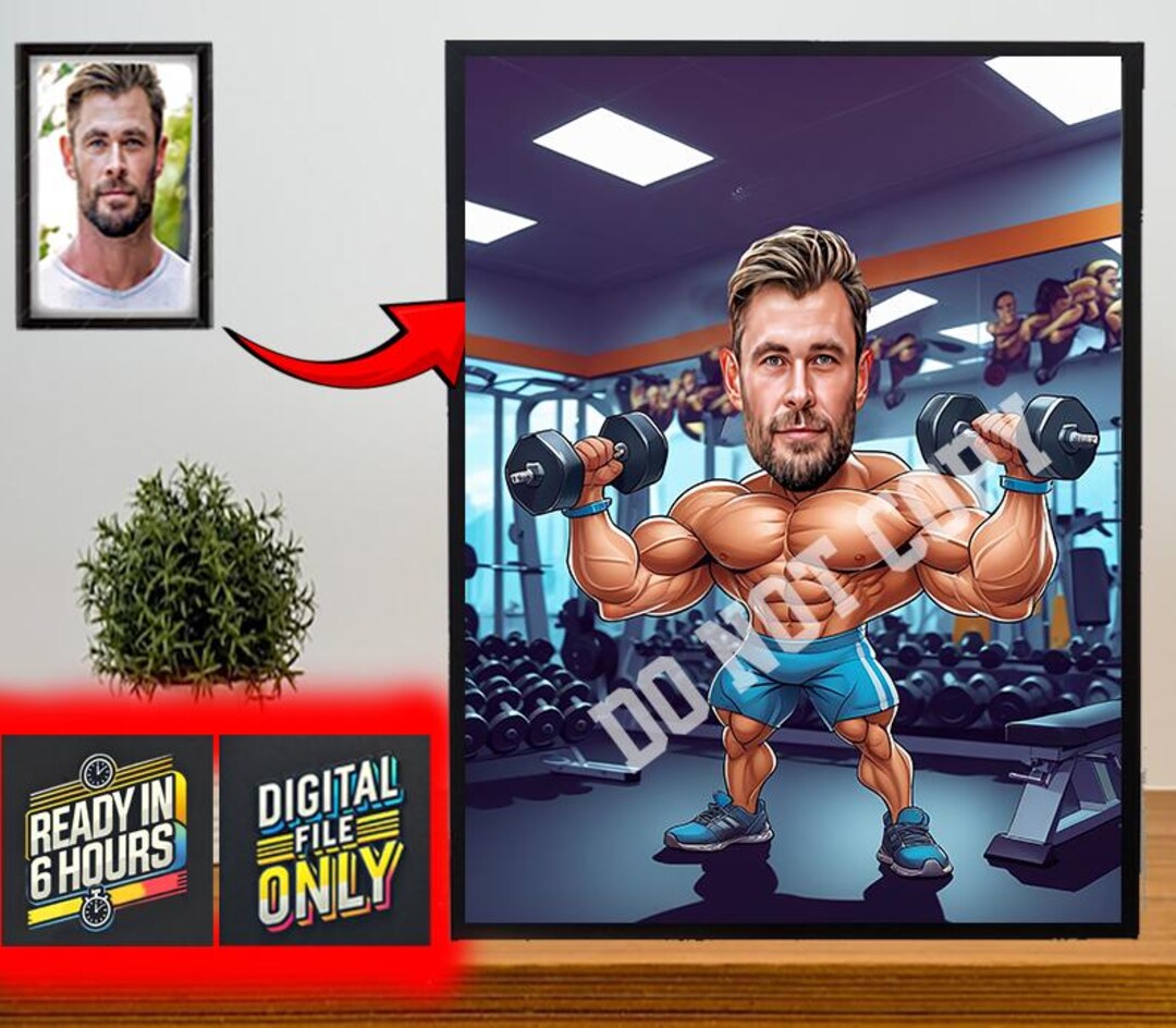 Personalized Fitness Cartoon Portrait, Custom Weightlifter Caricature ...