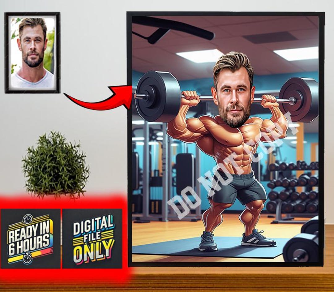 Custom Gym Caricature: Weightlifter Cartoon Portrait (digital Download ...