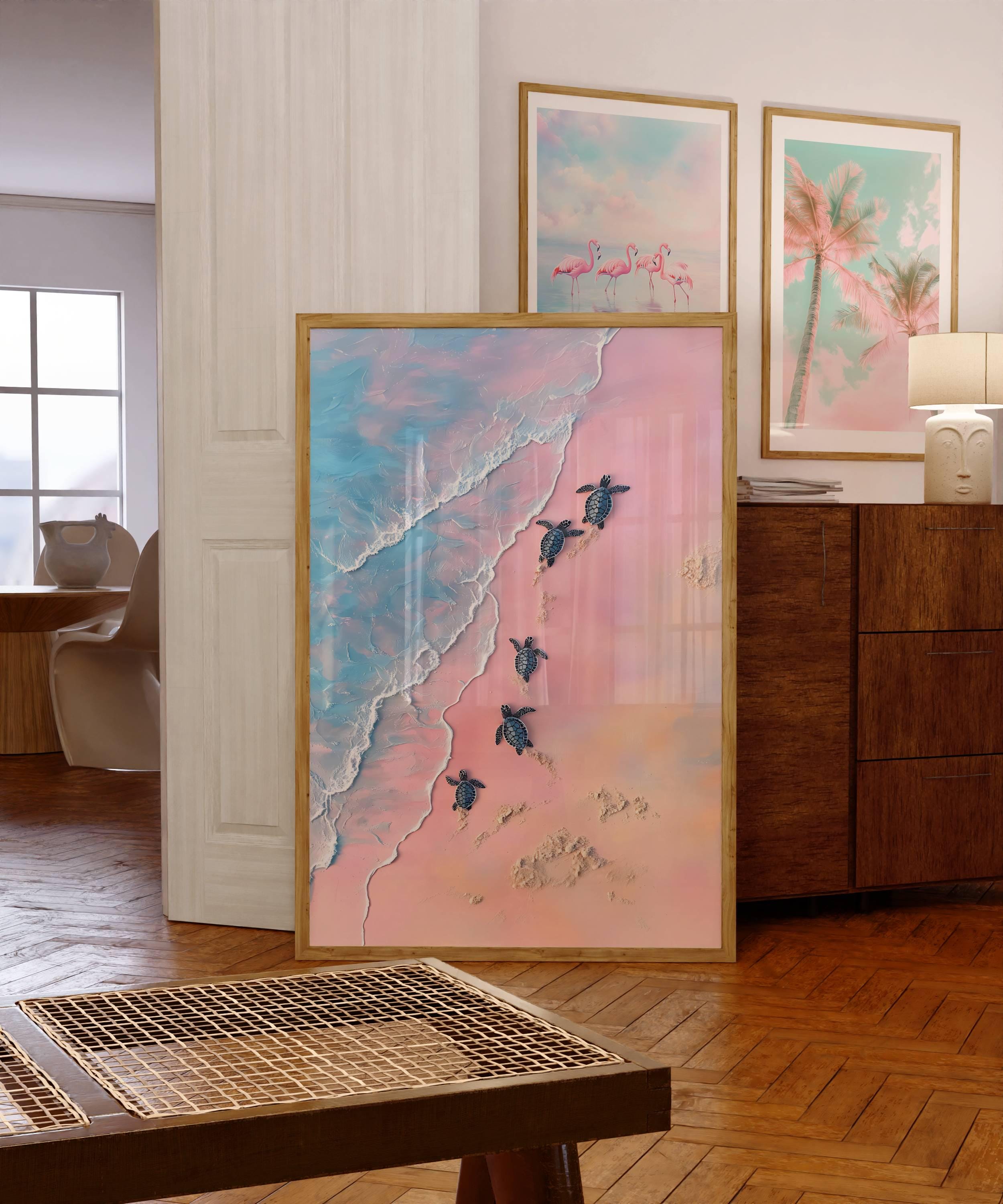 Whimsical Painting of Turtles on the Beach in Soft Pink Tones Coastal ...