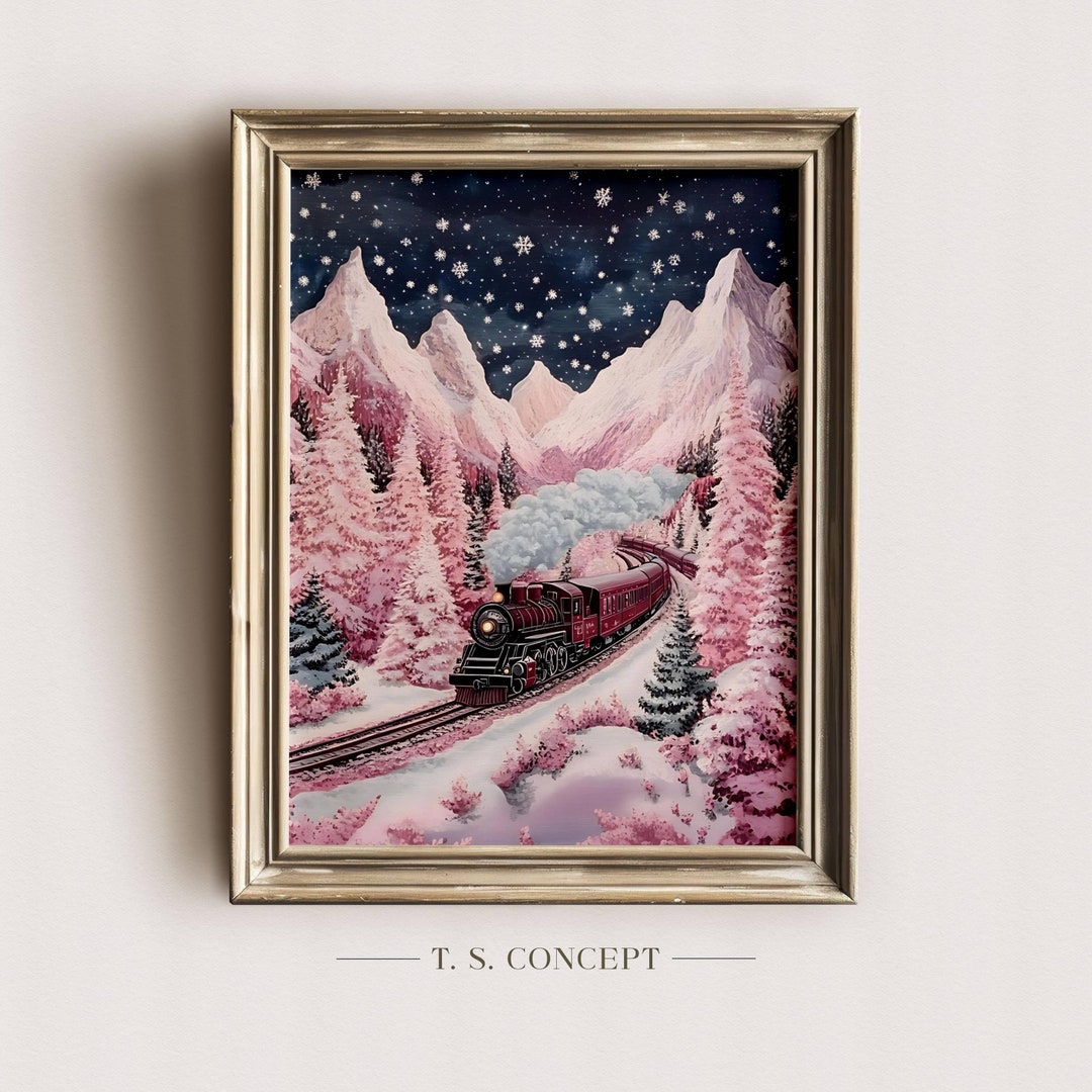 Pink Printable Christmas Polar Express Train Painting Pink Christmas ...
