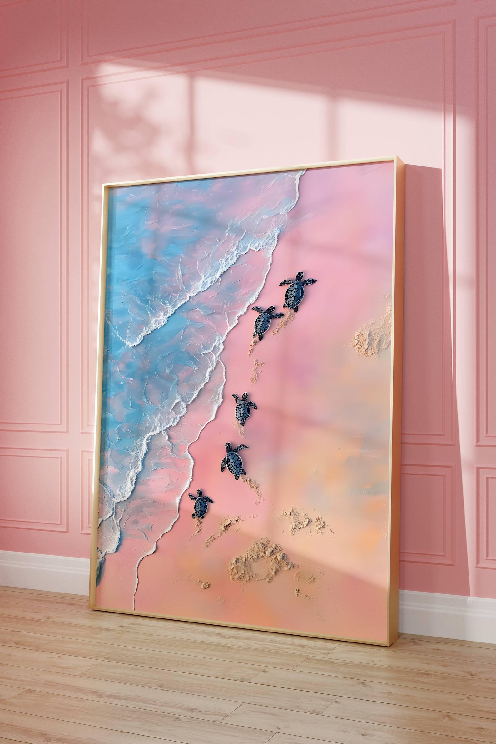 Whimsical Painting of Turtles on the Beach in Soft Pink Tones Coastal ...