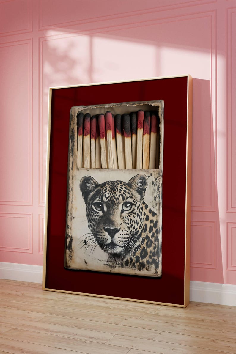 Retro Dark Red Digital Poster, Matchbox Poster, Red Poster Leopard ...