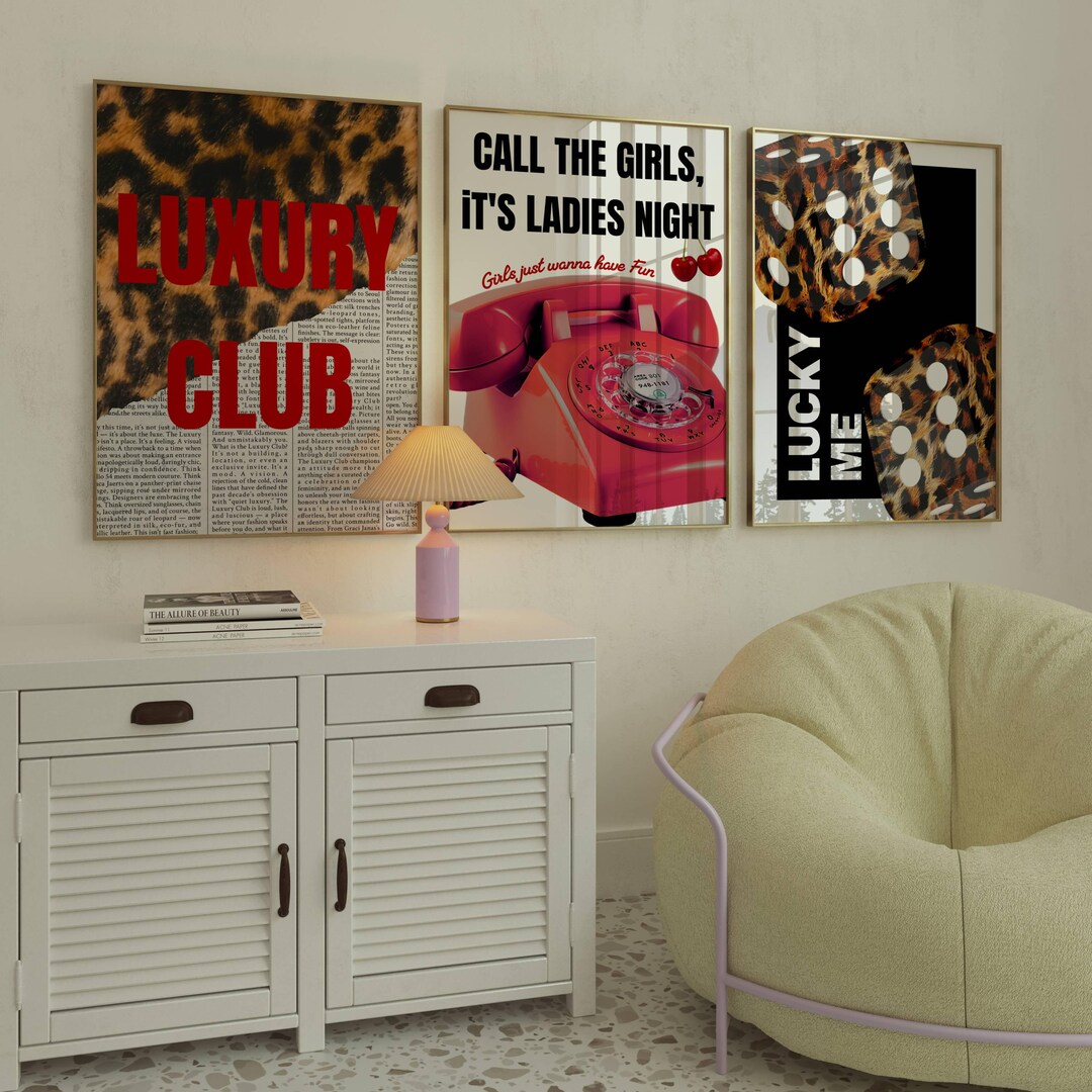 Set of 3 Posters, Red Poster, Leopard Wall Art, Lucky Me Poster, Red ...