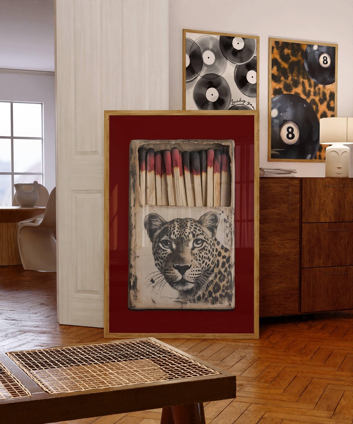 Retro Dark Red Digital Poster, Matchbox Poster, Red Poster Leopard ...