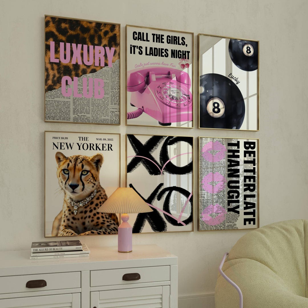 Gallery Girly Prints Set of 6 Pink Vintage Prints XOXO Black and Pink ...