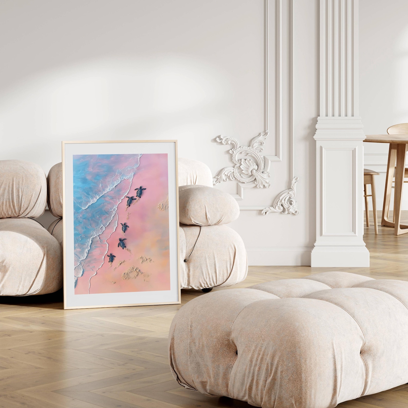Whimsical Painting of Turtles on the Beach in Soft Pink Tones Coastal ...