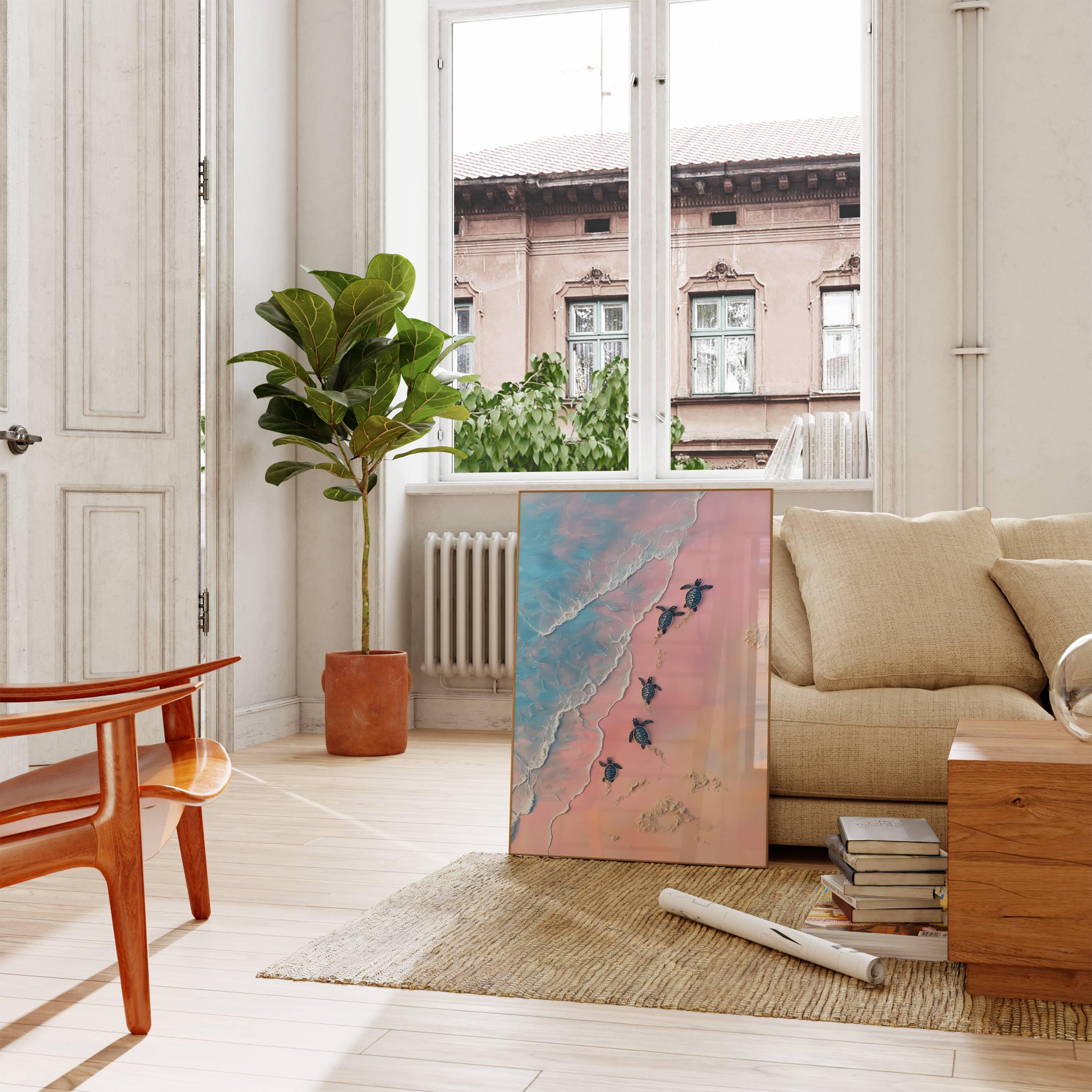Whimsical Painting of Turtles on the Beach in Soft Pink Tones Coastal ...