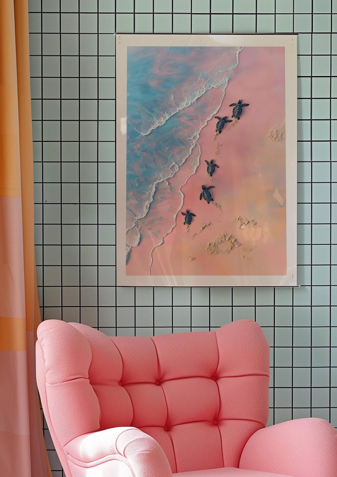 Whimsical Painting of Turtles on the Beach in Soft Pink Tones Coastal ...