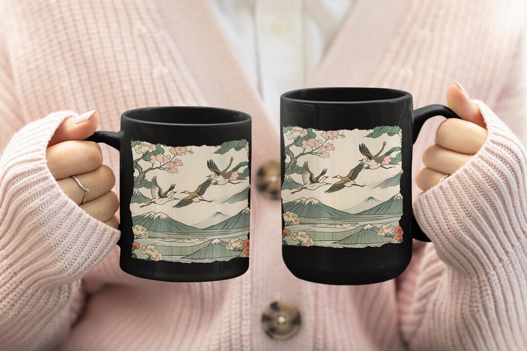 Japanese Crane Design Mug, Unique Flying Cranes Coffee Mug, Cranes Tea ...