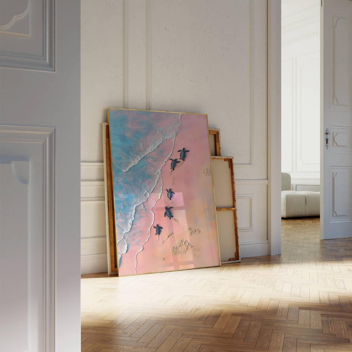Whimsical Painting of Turtles on the Beach in Soft Pink Tones Coastal ...