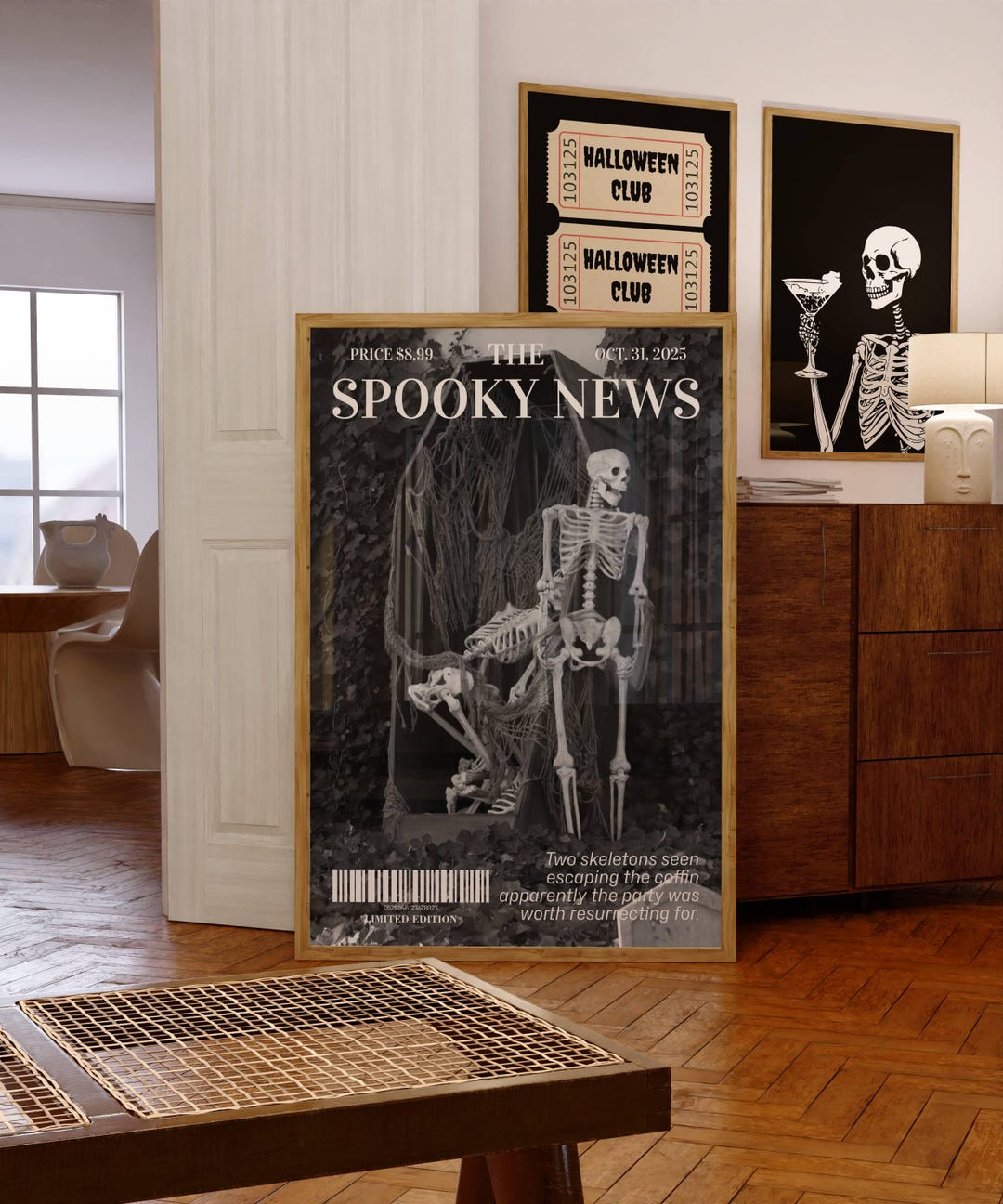 Halloween Digital Print, Newspaper Wall Art, Skeleton Print, Retro ...