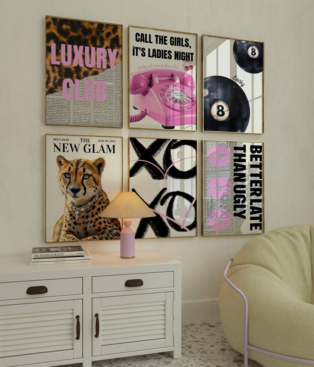 Gallery Girly Prints Set of 6 Pink Vintage Prints XOXO Black and Pink ...