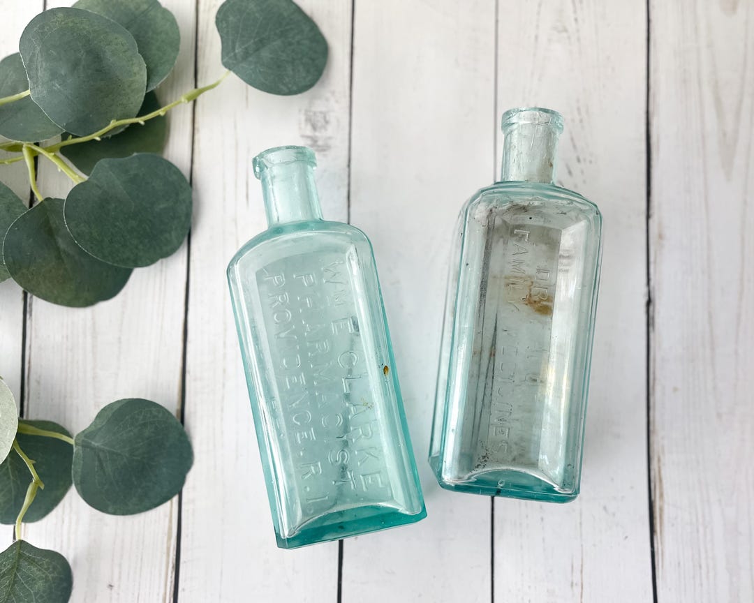Pair Of Vintage Aqua Glass Bottles Etsy